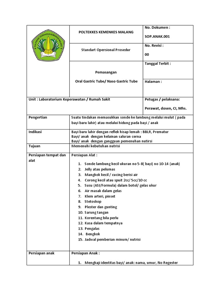 SOP Pemasangan OGT dan NGT Anak | PDF