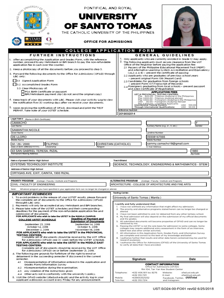 University of Santo Tomas: College Application Form | PDF | University ...