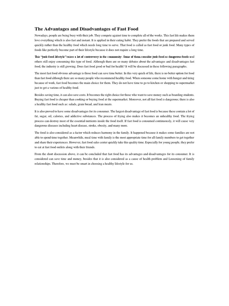 The Advantages and Disadvantages of Fast Food | PDF | Fast Food ...