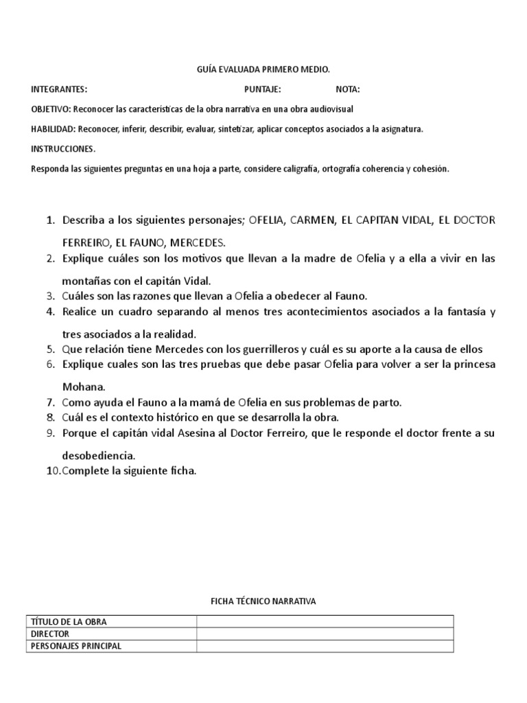 Guía Evaluada El Laberinto Del Fauno | PDF