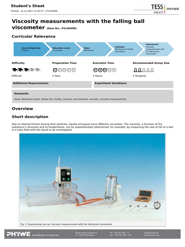 Viscosity Measurements With The Falling Ball Viscometer: (Item No ...