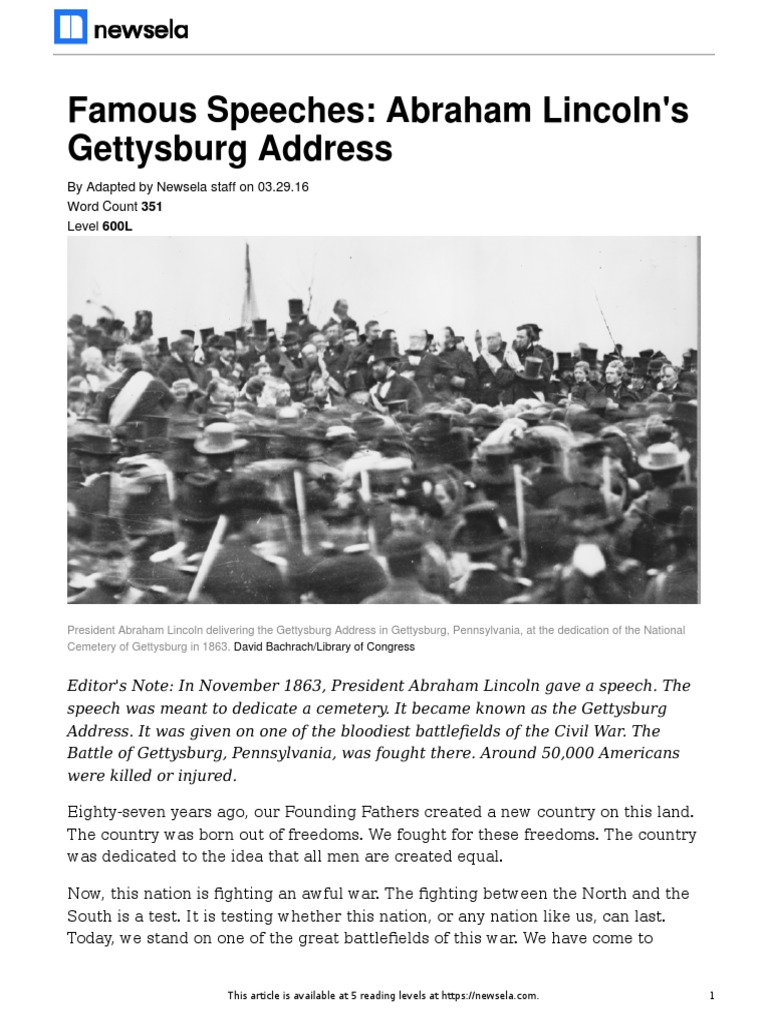 Famous Speeches - Abraham Lincolns Gettysburg Address 600l | PDF | History