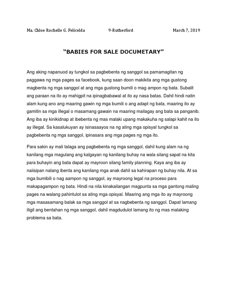 Babies For Sale Reaction Paper | PDF