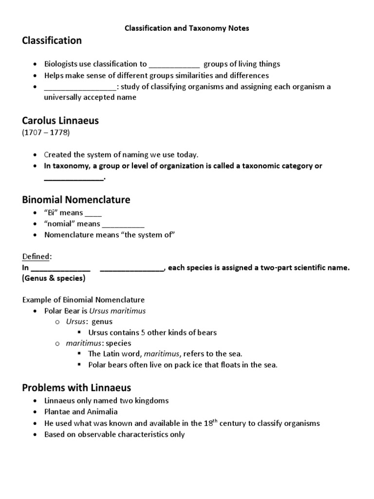 Classification and Taxonomy Guided Notes | PDF | Taxonomy (Biology) | Genus