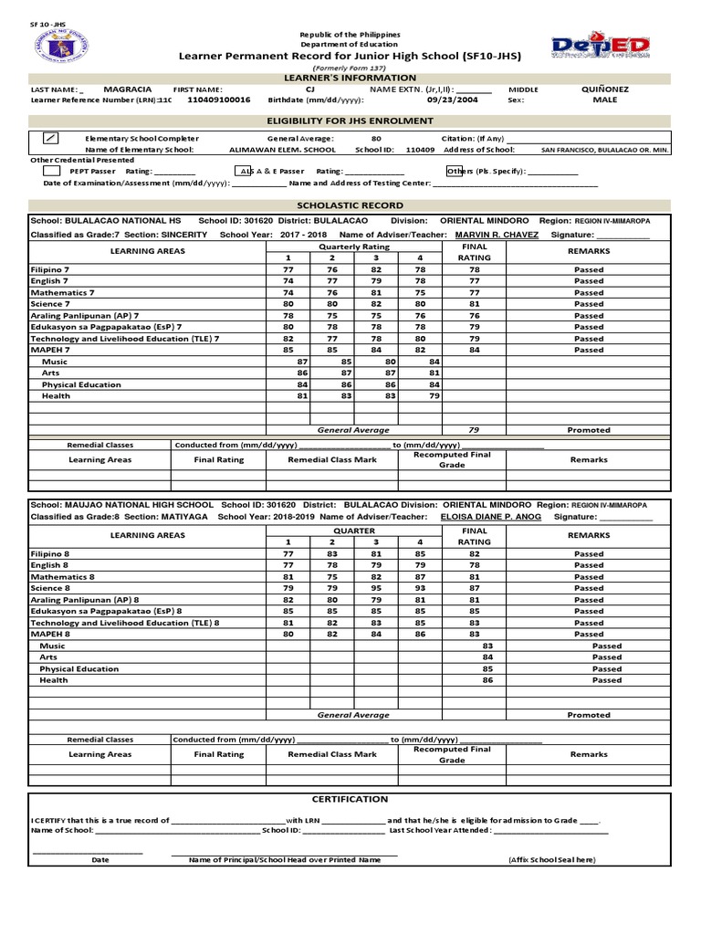 Learner Permanent Record For Junior High School (SF10-JHS) | PDF | Cognition | Behavior Modification