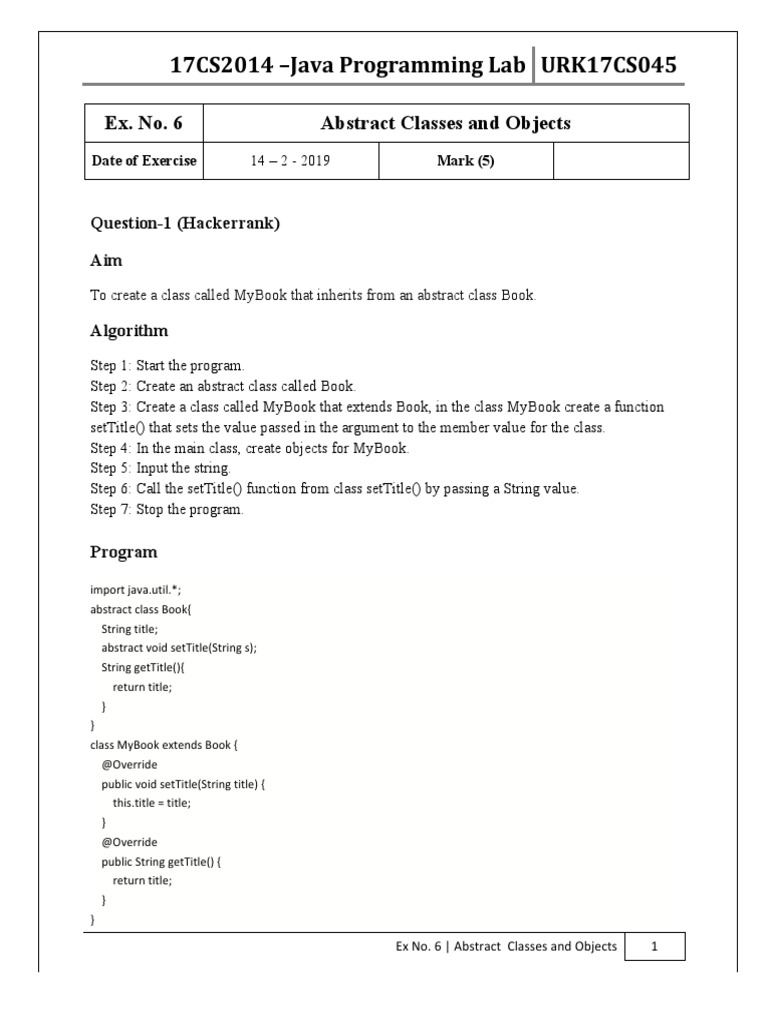 17cs2014 Java Programming Lab Urk17cs045 Ex No 6 Abstract Classes And Objects Pdf Class