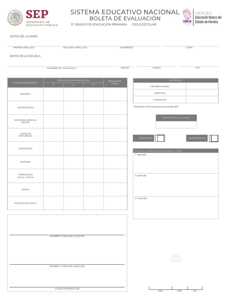 5° BOLETA PRIMARIA MORELOS EDITABLE | Educación primaria | Academia