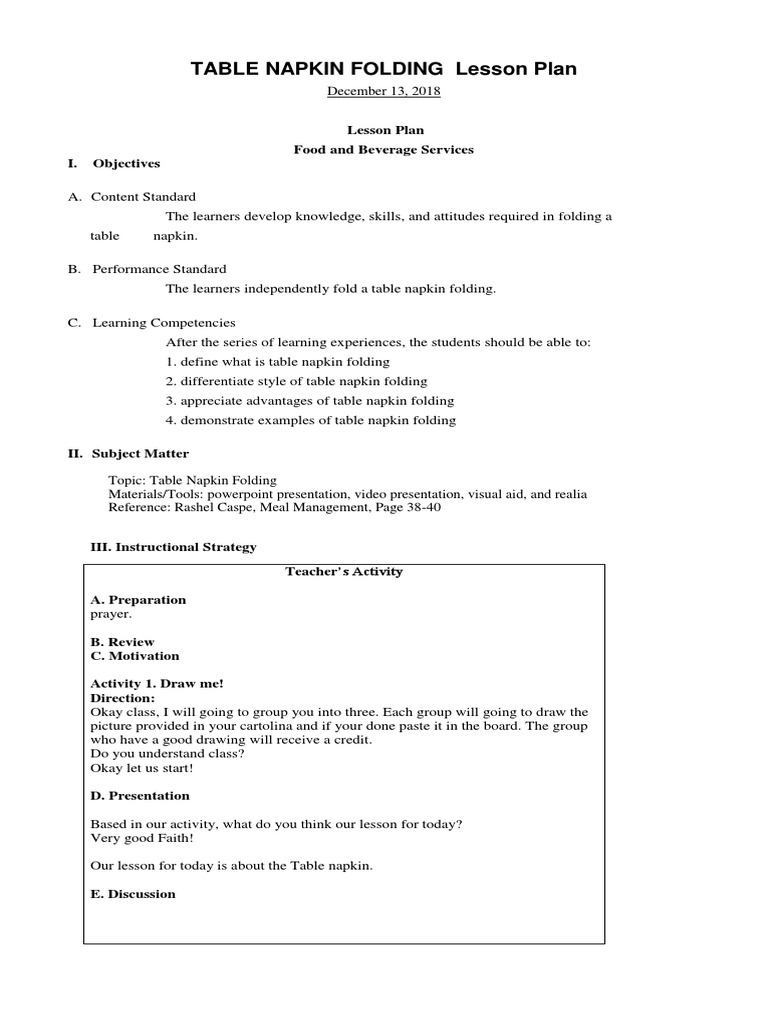 Table Napkin Folding Lesson Plan | PDF | Lesson Plan ...