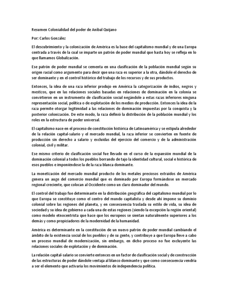 Resumen Colonialidad Del Poder de Aníbal Quijano | PDF | Raza ...