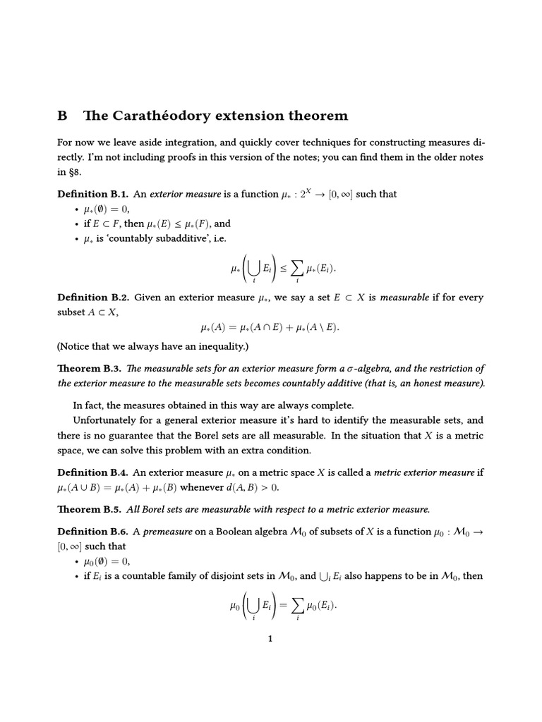 B The Carathéodory Extension Theorem | PDF | Measure (Mathematics ...