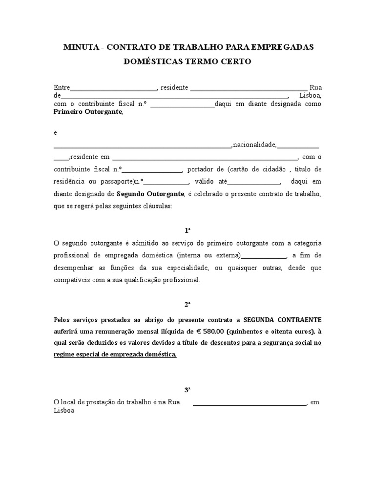 Minuta Contrato Trabalho A Termo | PDF | Empregados Domésticos | Governo