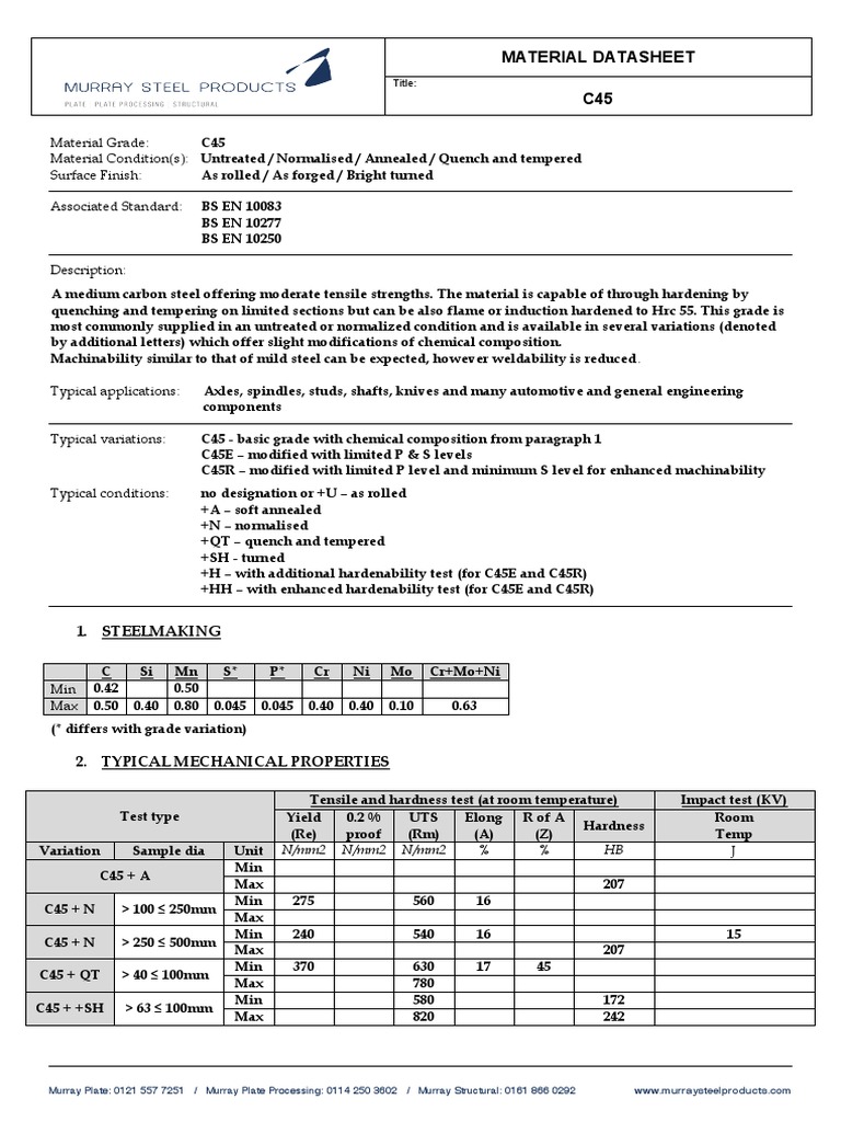 Material Datasheet C45: 1. Steelmaking | Ultimate Tensile Strength ...