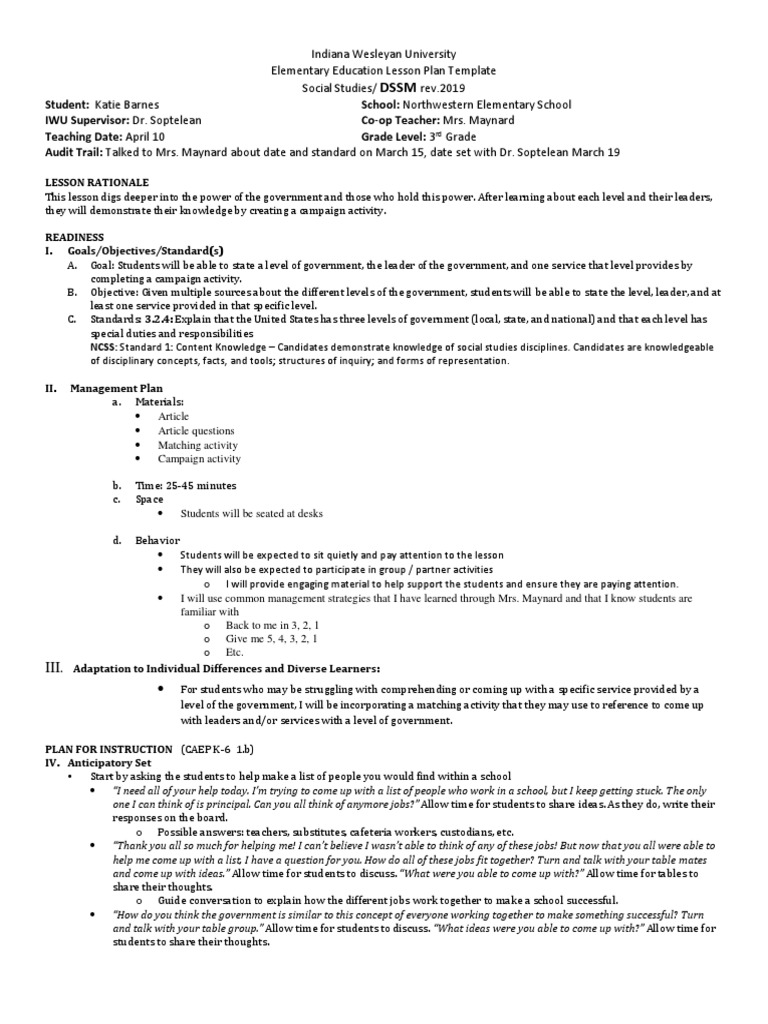 Indiana Wesleyan University Elementary Education Lesson Plan Template ...