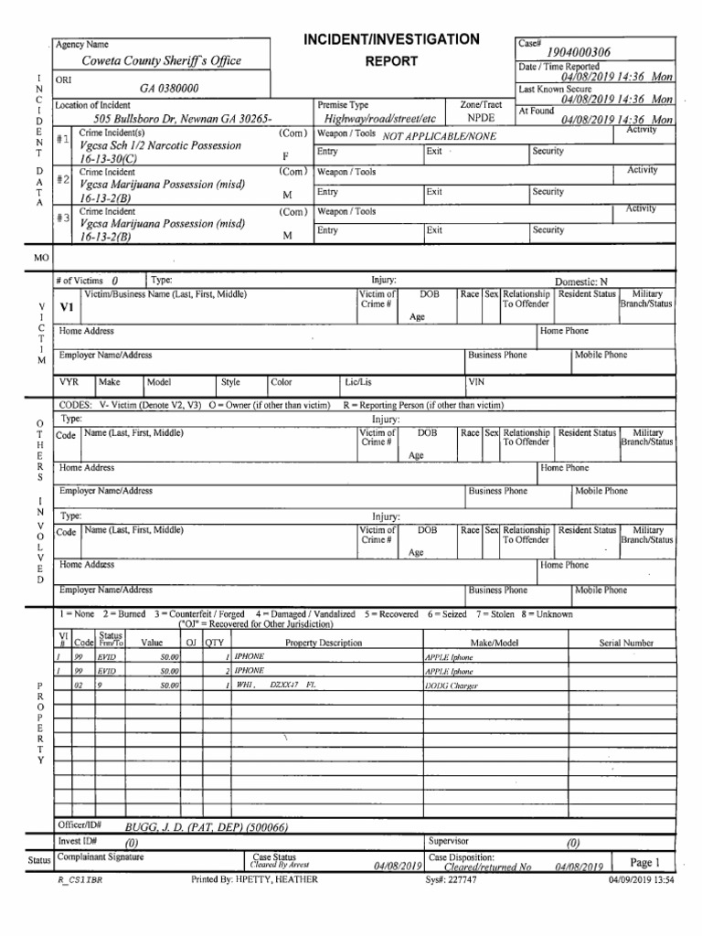 Torrence I Hatch Arrest/Incident Report Coweta County SO | PDF