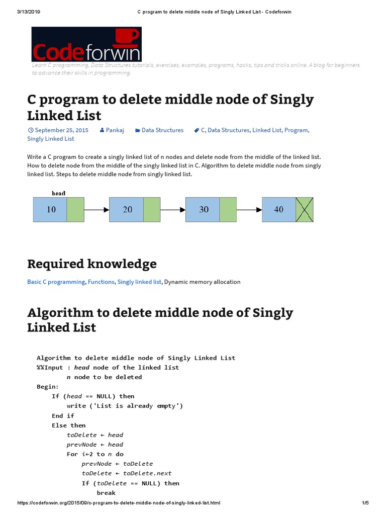 C Program To Delete Middle Node Of Singly Linked List Required Knowledge Pdf C Programming