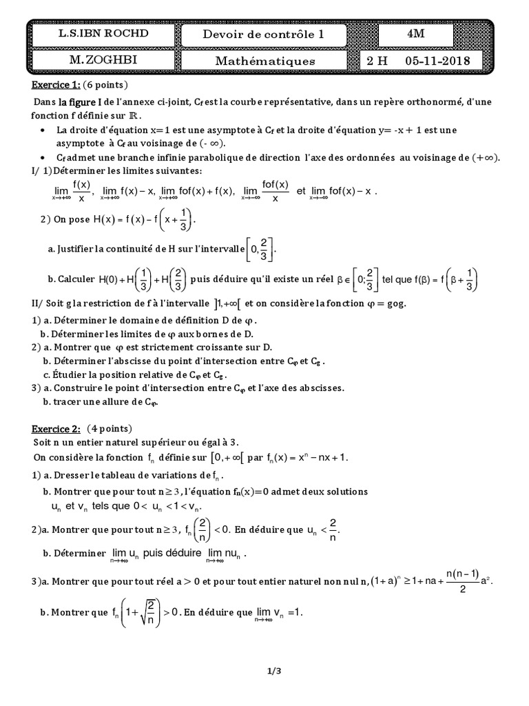 Devoir 1 2018 2019 Version Finale | PDF | Asymptote | Analyse mathématique