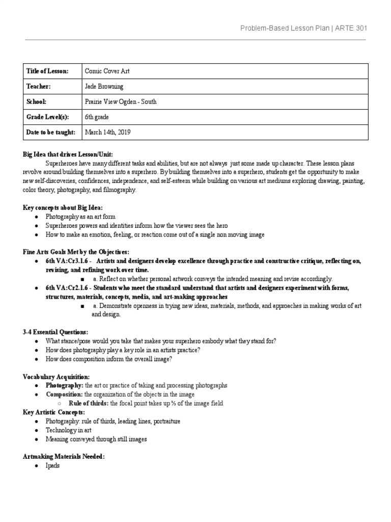 Problem-Based Lesson Plan - ARTE 301 | PDF | Lesson Plan | Learning