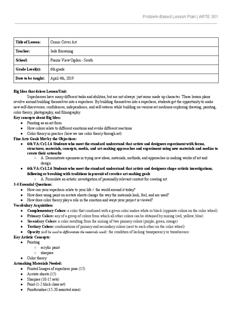 Problem-Based Lesson Plan - ARTE 301: Primary Colors: Secondary Colors ...
