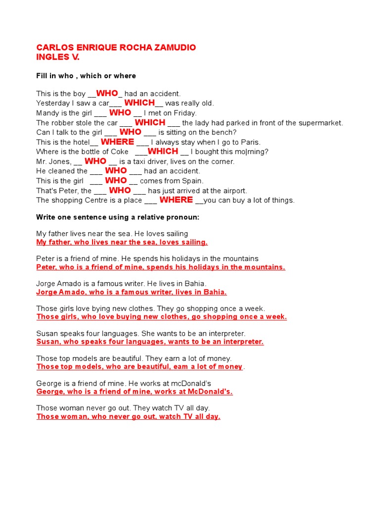 Relative Pronouns Who Which Where | PDF