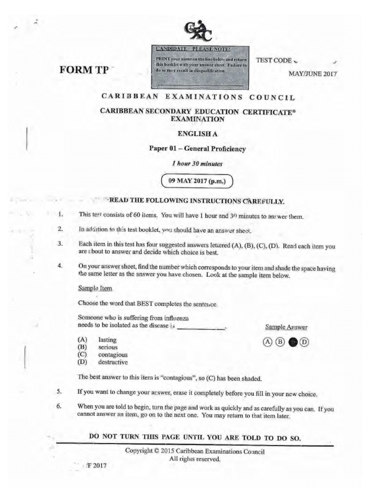 CSEC English A June 2017 P1 PDF