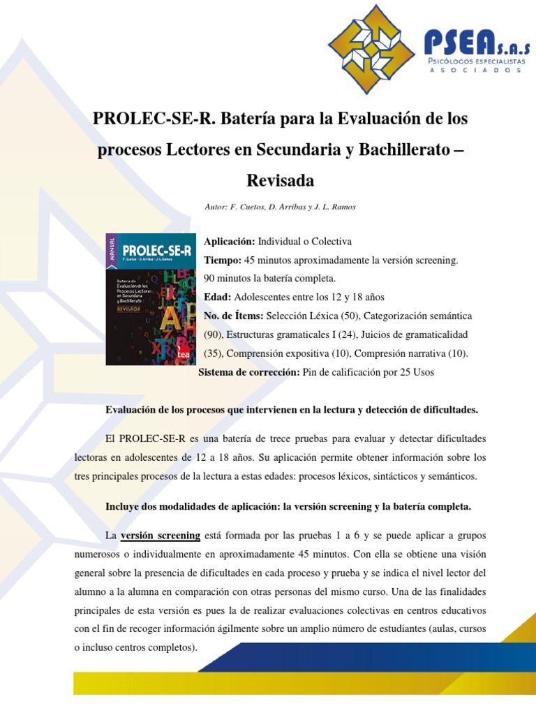 PROLEC-SE-R. Batería para la Evaluación de los procesos Lectores en ...