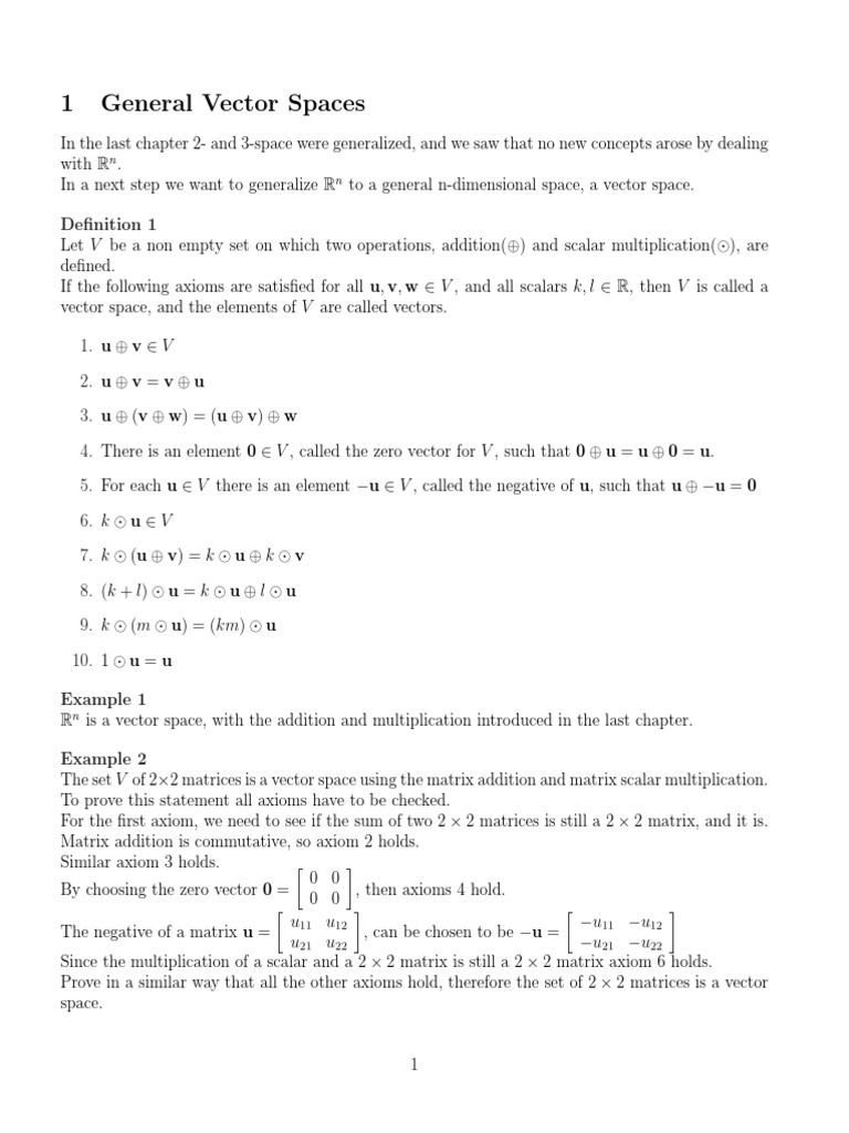 1 General Vector Spaces: Definition 1 | PDF | Vector Space | Basis ...