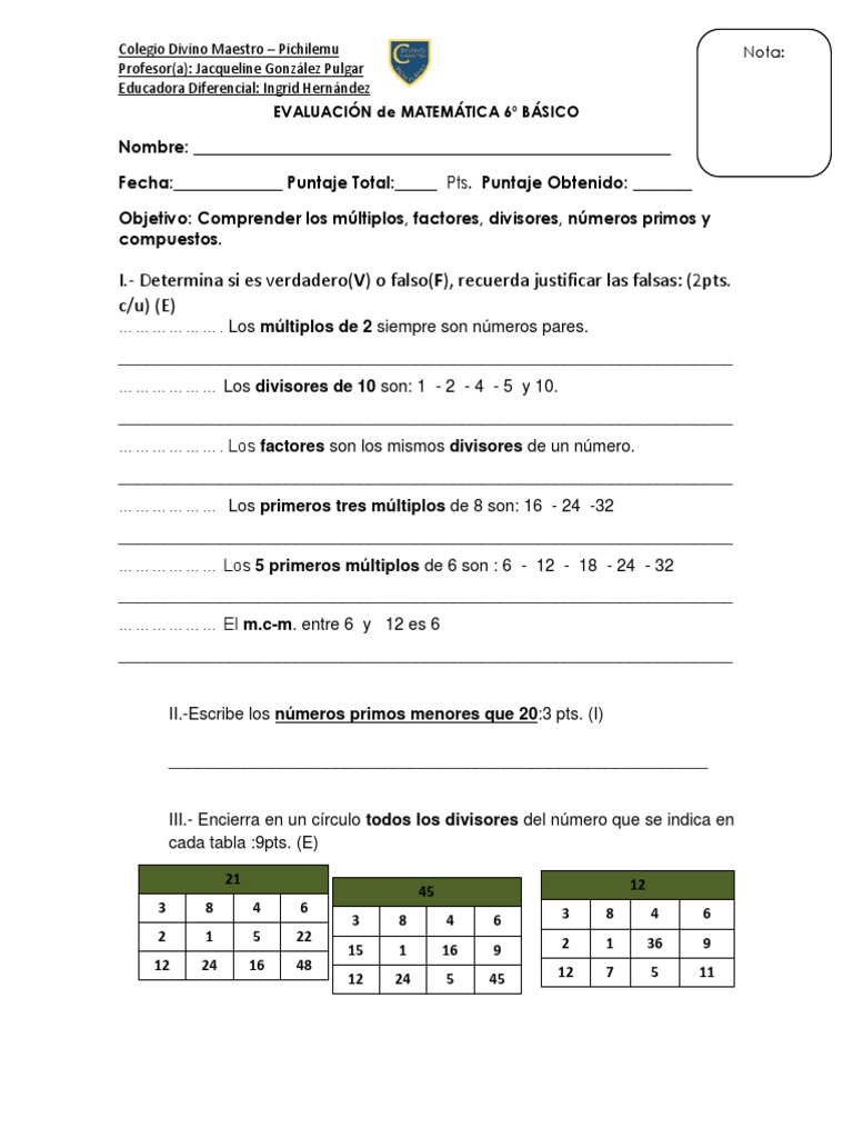 Prueba Múltiplos y Factores | PDF | Números | Matemática Elemental