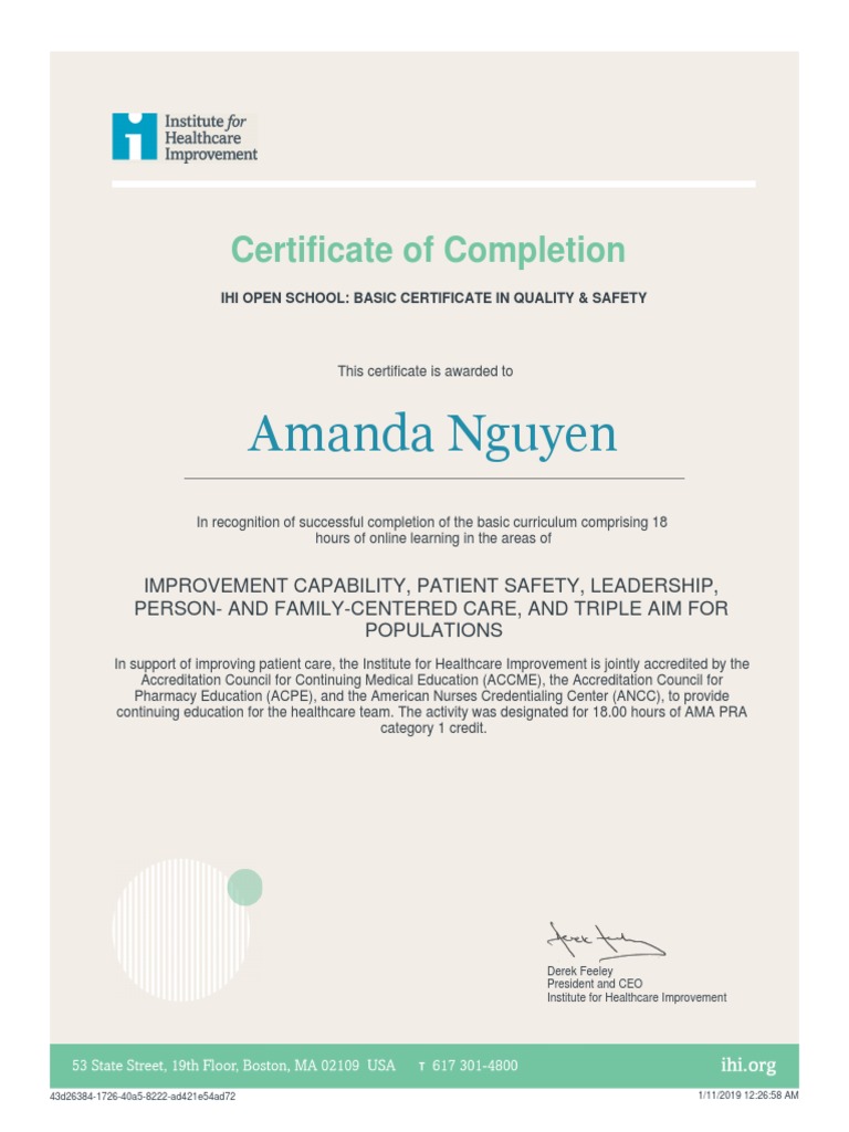 IHI Quality & Safety Certificate Awarded | PDF