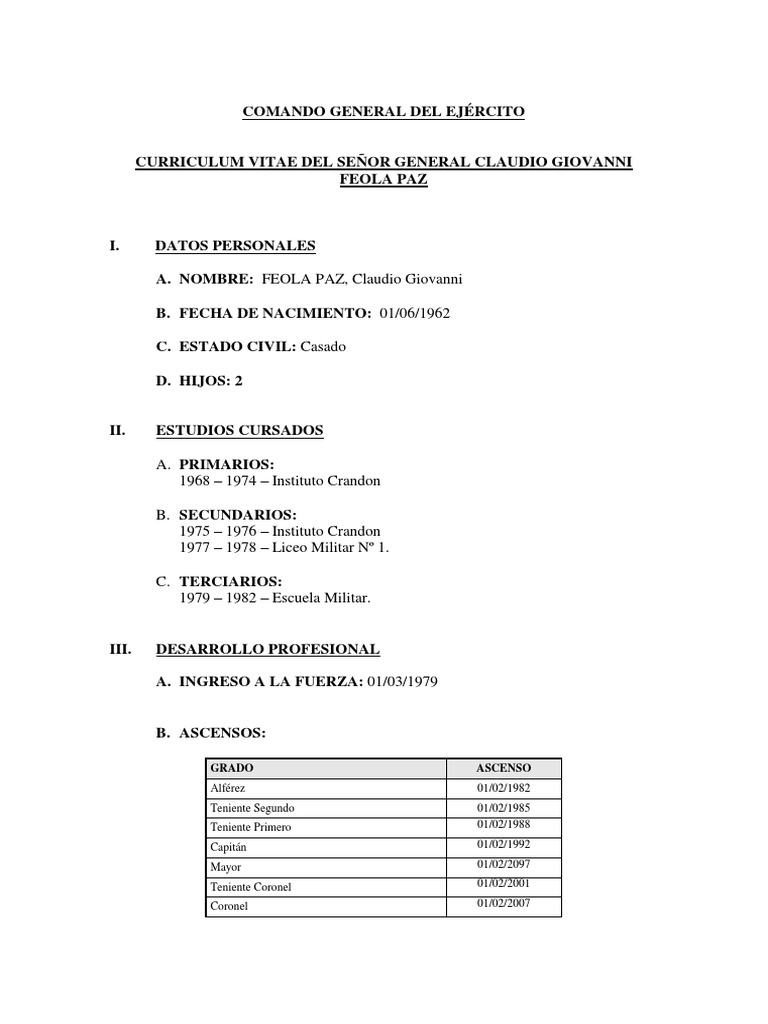 CV del General Claudio Feola Paz | PDF | Oficial (Fuerzas Armadas ...