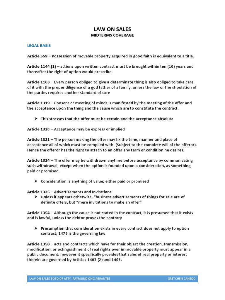 Law Sales Notes Midterm (Villanueva Book) | PDF | Offer And Acceptance ...