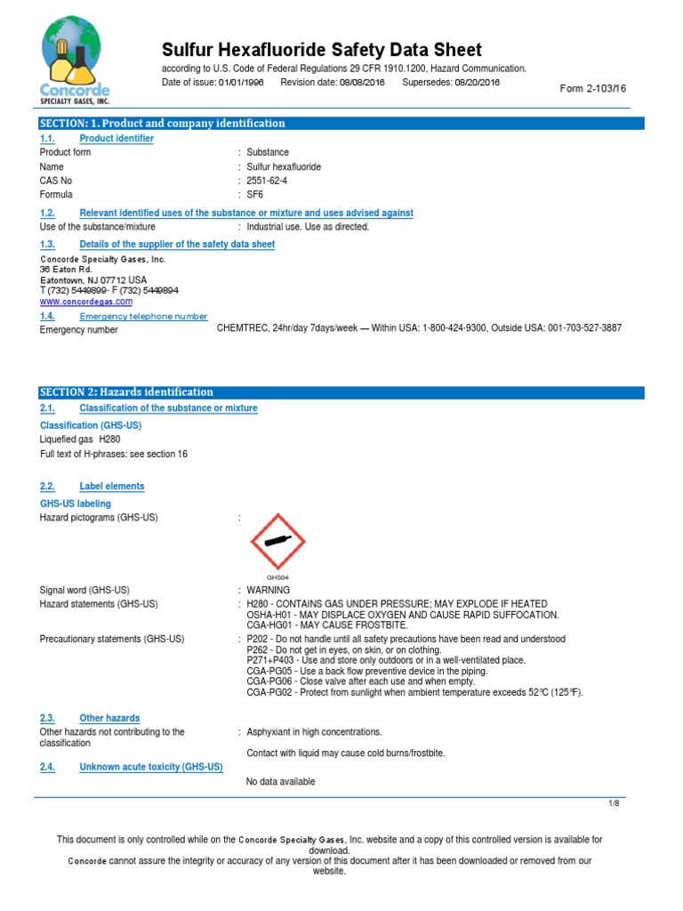 SF6 Gas Material Safety Data Sheet | PDF | Firefighting | Firefighter