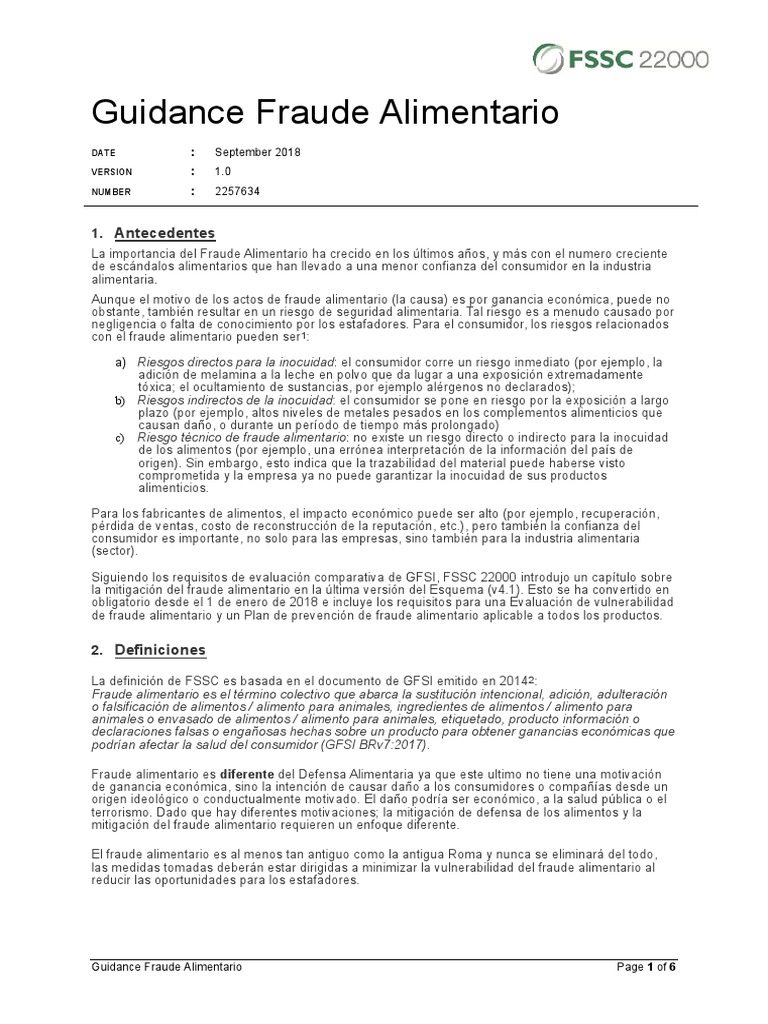 Guidance Food Fraud Fraude Alimentario | Análisis de Riesgo y Puntos ...