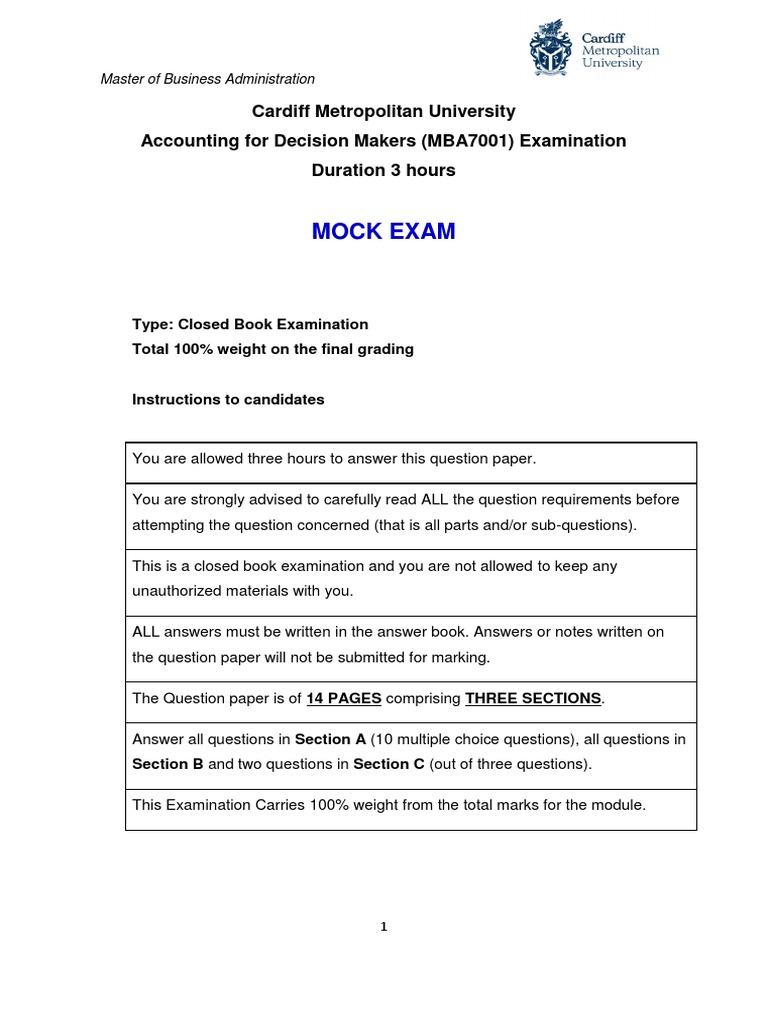 MBA Accounting Mock Exam Paper | PDF | Balance Sheet | Expense