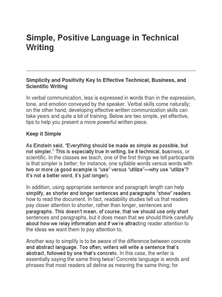 Simple, Positive Language in Technical Writing | PDF | Sentence ...