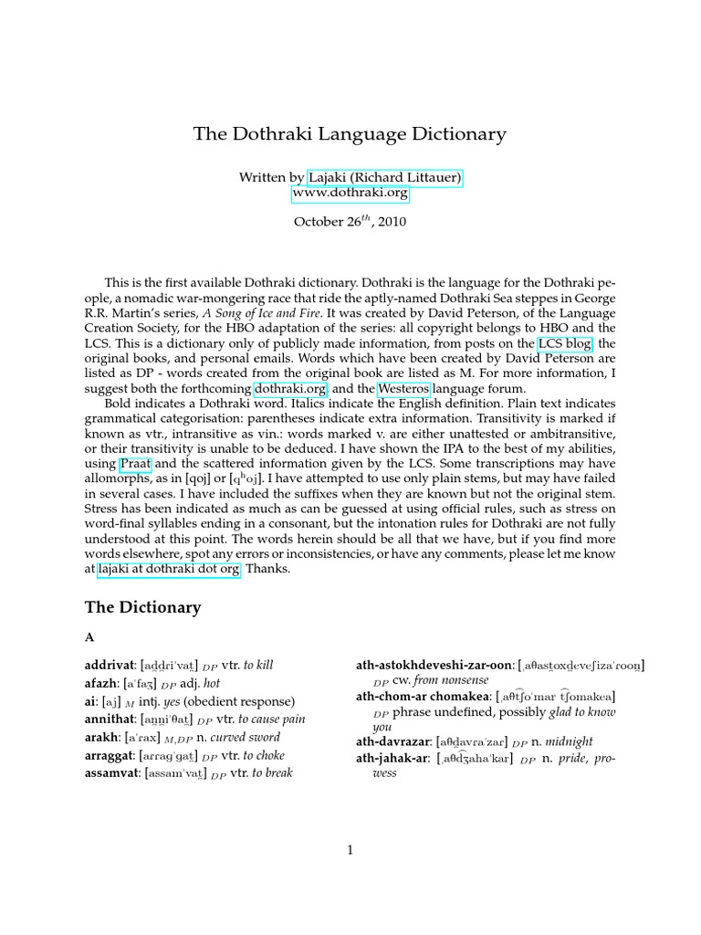 The Dothraki Language Dictionary: Written by Lajaki (Richard Littauer ...