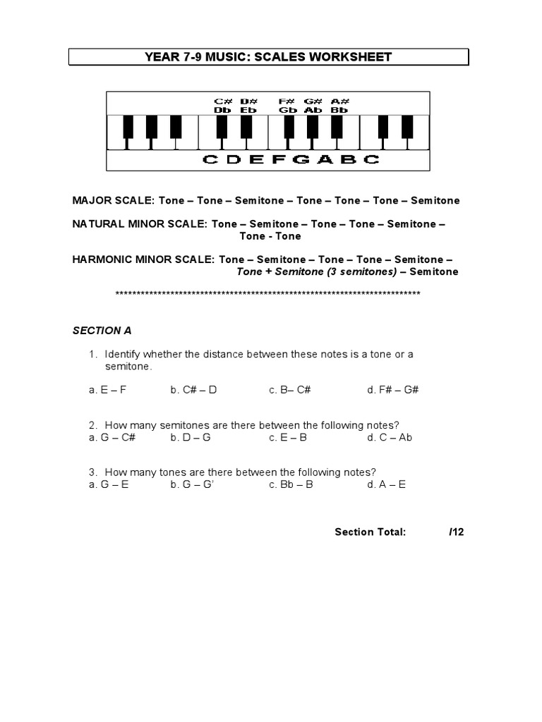 Tones Semitones Scales Worksheet | Minor Scale | Scale (Music)