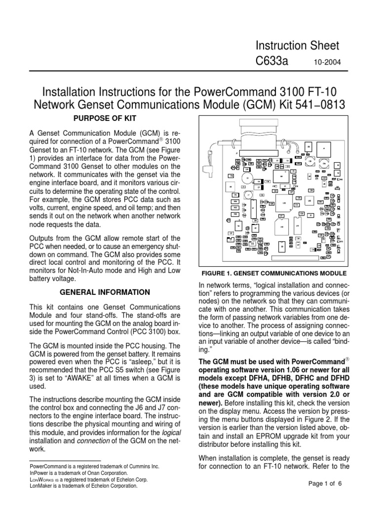 Installation Instructions for PowerCommand 3100 FT-10 Network GCM Kit ...
