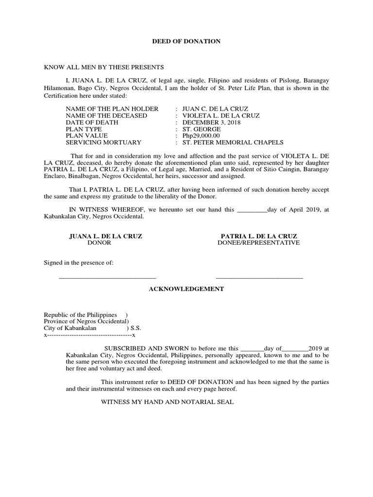 Deed of Donation Sample | PDF | Civil Law (Common Law) | Common Law