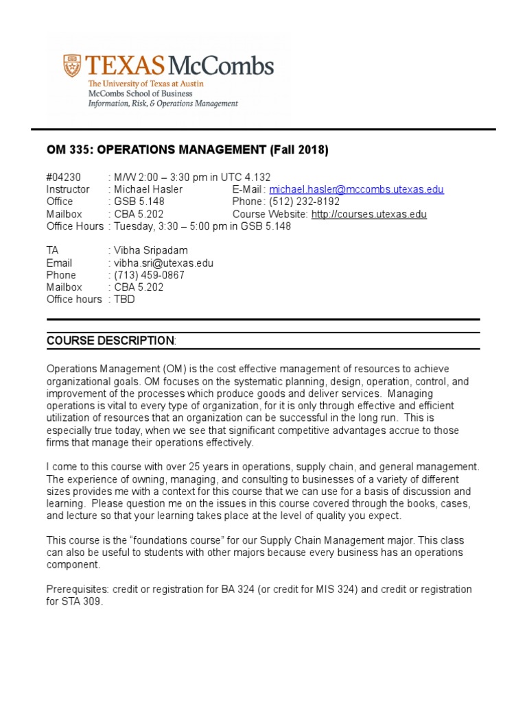 Om 335: Operations Management (Fall 2018) : Course Description ...