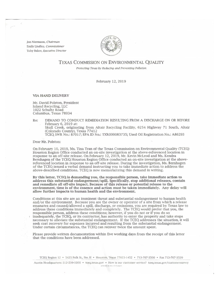 TCEQ Letter to Inland Environmental