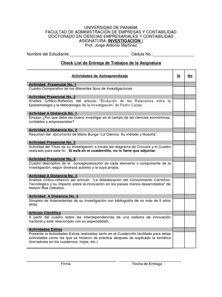 Check List de Trabajos - Asignatura Investigaciòn I | PDF