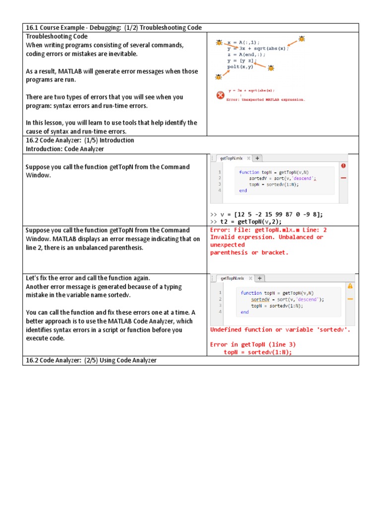 MATLAB Debugging and Code Analysis Guide | PDF | Debugging | Matlab