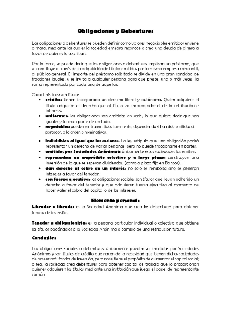 Obligaciones y Debentures: Características Clave | PDF | Interés ...
