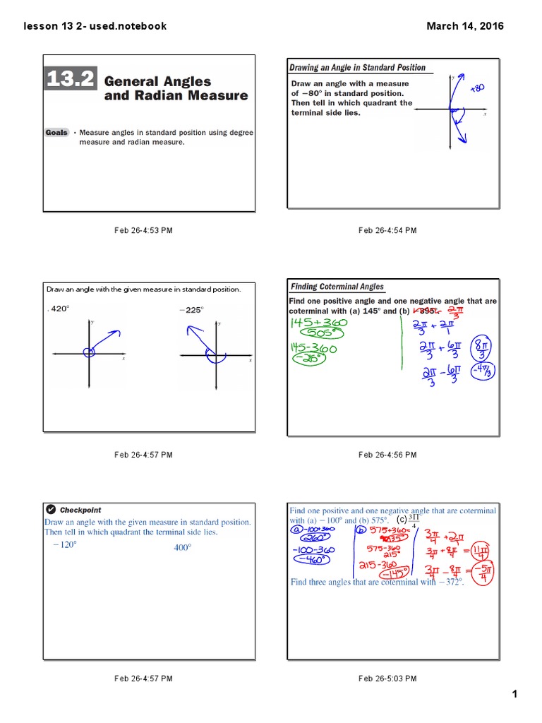 Lesson on Angles, Conversions Between Degrees and Radians, and Homework ...