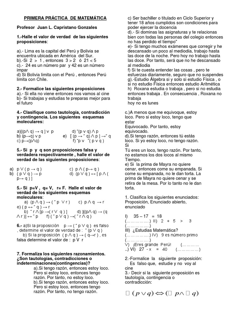 Primera Práctica de Matemática | PDF | Proposición | Lógica