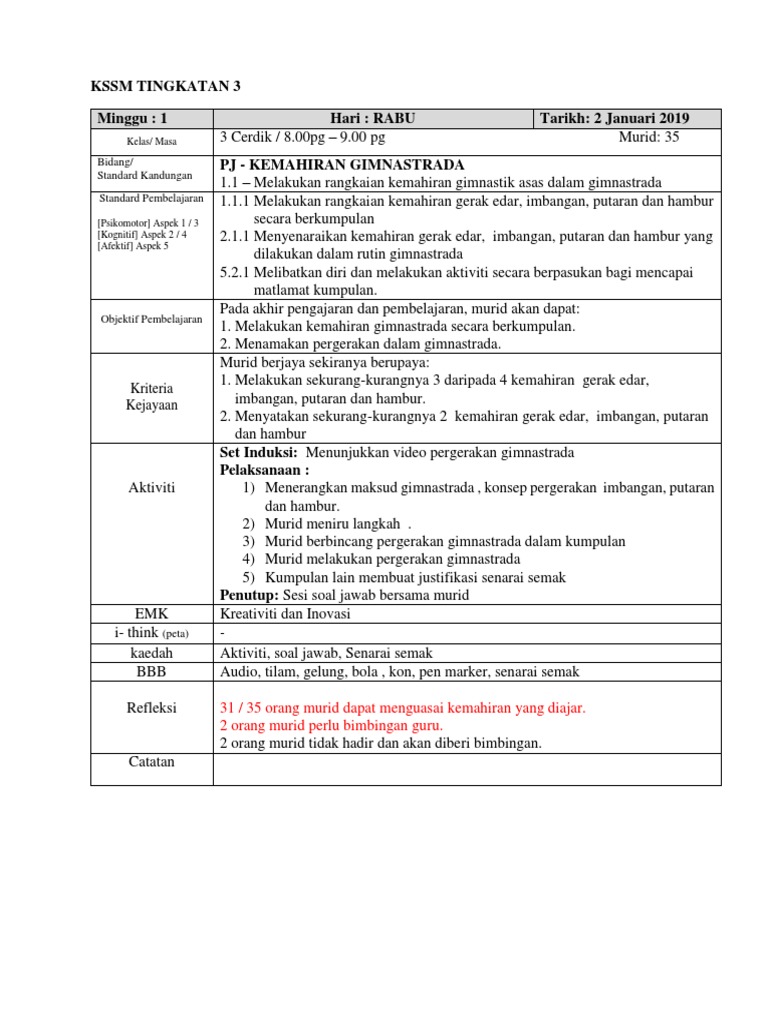 RPH Contoh KSSM T3 PJPK | PDF