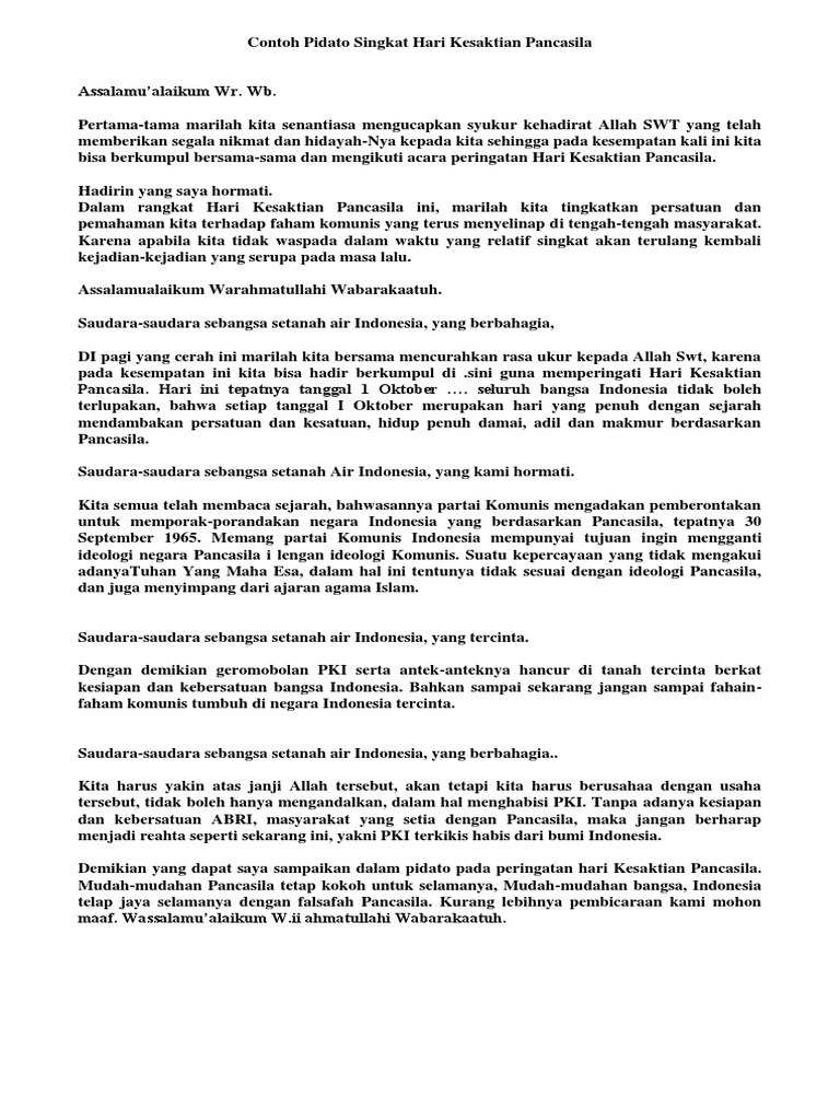 Contoh Pidato Singkat Hari Kesaktian Pancasila | PDF