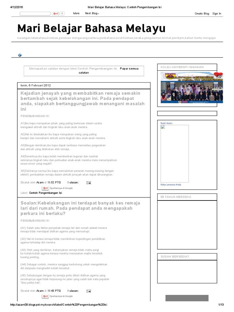 Mari Belajar Bahasa Melayu - Contoh Pengembangan Isi | PDF | Karier ...
