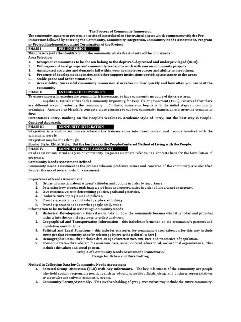 The Process of Community Immersion.nstp.docx | Needs Assessment ...