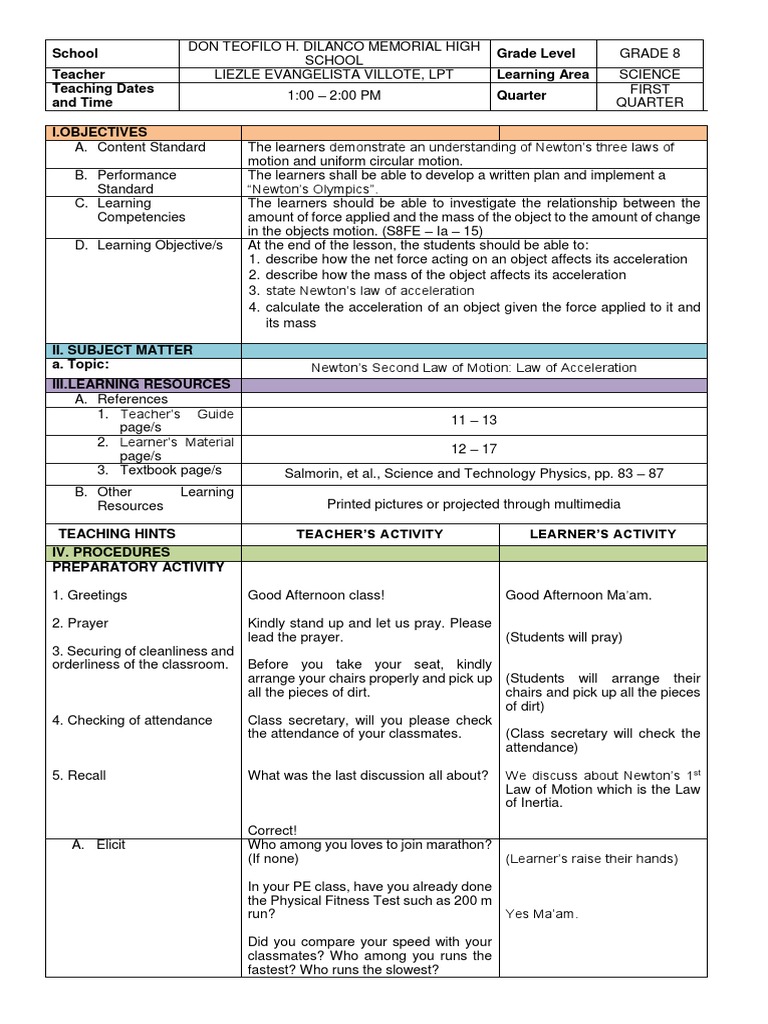 Newton's Laws of Motion Lesson for Grade 8 Students | PDF | Force | Mass